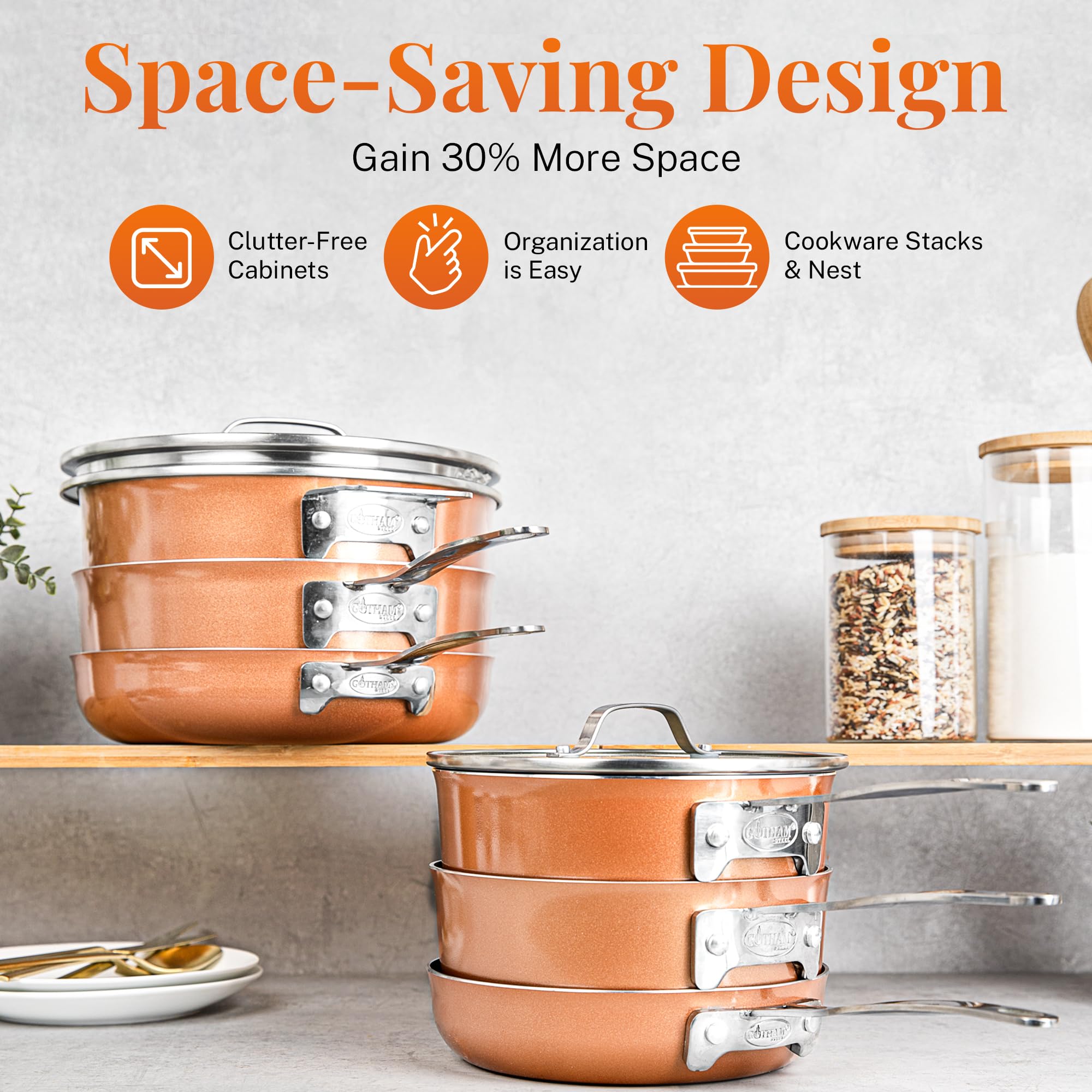 GOTHAM STEEL 5 Pc Copper Pots and Pans Set, Non Stick Cookware, Dishwasher Safe