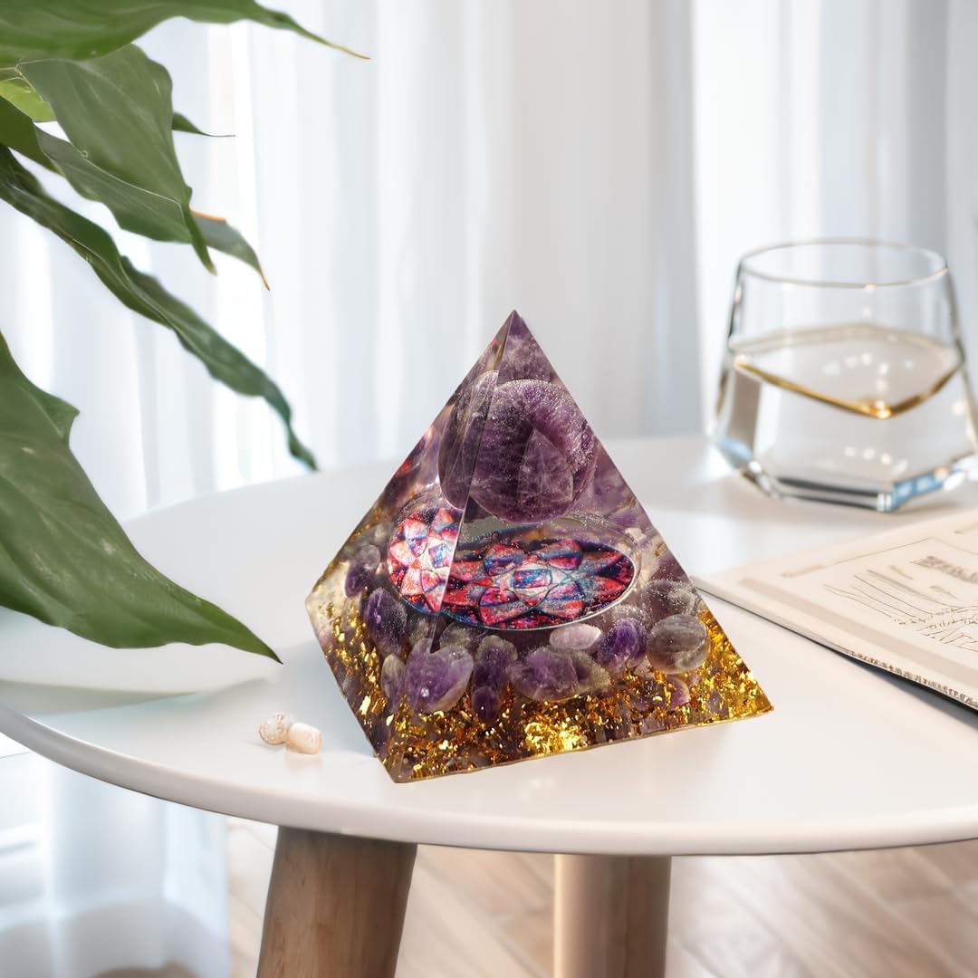 Handmade Amethyst Orgonite Pyramid 60mm with Amethyst Natural Crystal Stone Orgone Energy Pyramide