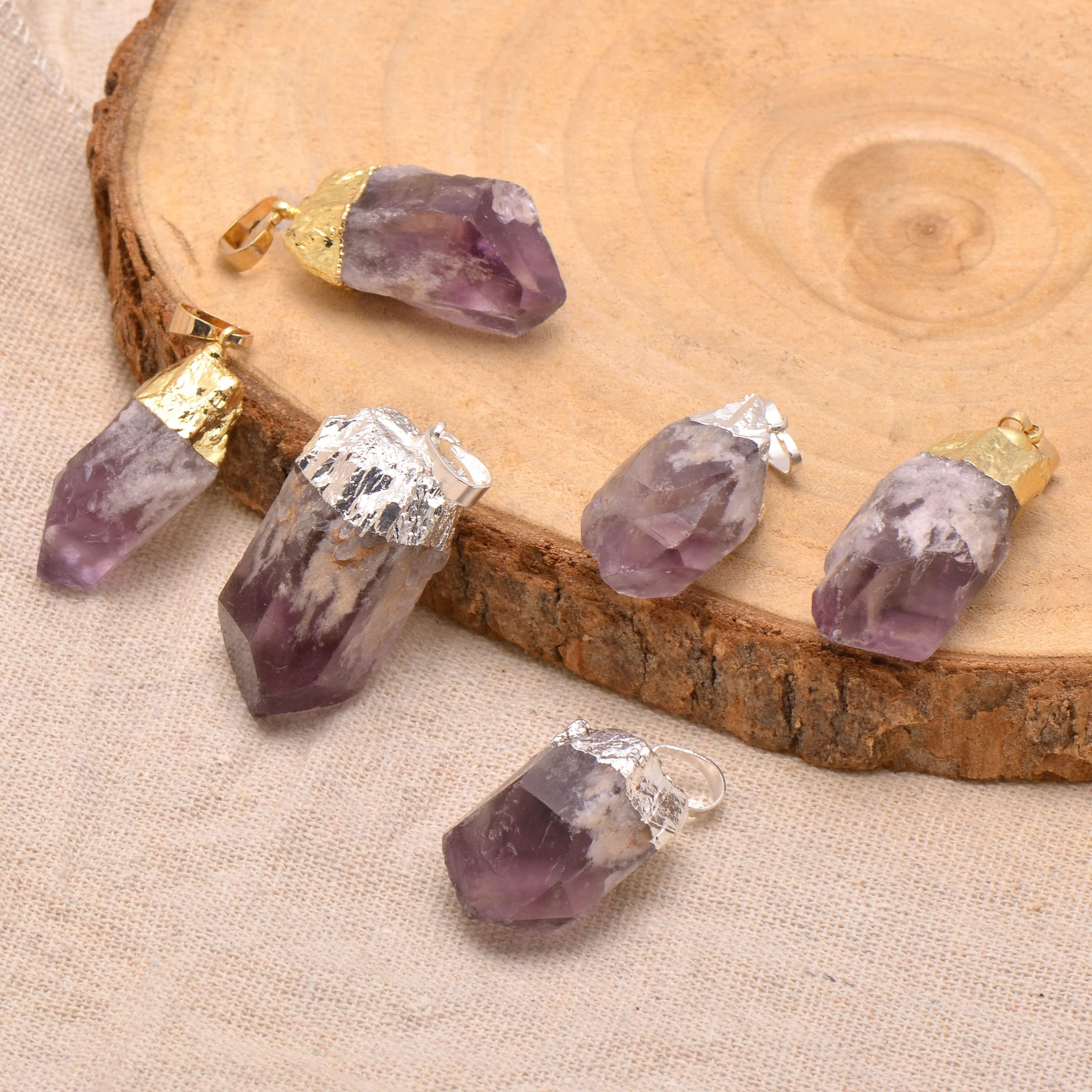 Natural Healing Crystal Purple Amethyst Rough Stone Pendant Necklace, White Gold Tone