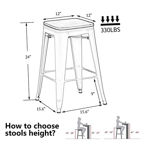 Alunaune 24" Metal Bar Stools Set of 4 Stackable Counter Height Barstools Backless Industrial Kitchen Bar Chairs with Wooden Seat-Matte Black