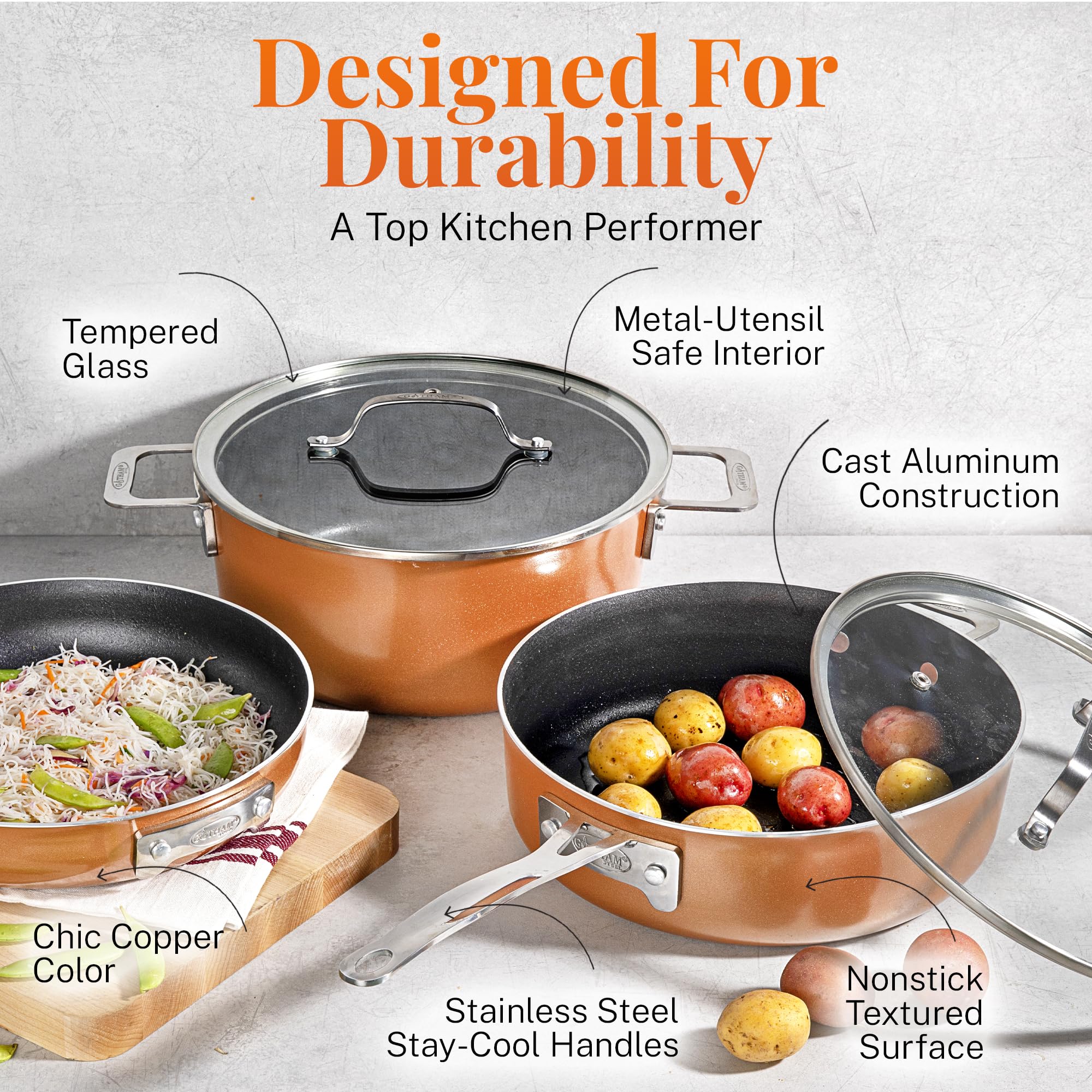 GOTHAM STEEL 5 Pc Copper Pots and Pans Set, Non Stick Cookware, Dishwasher Safe