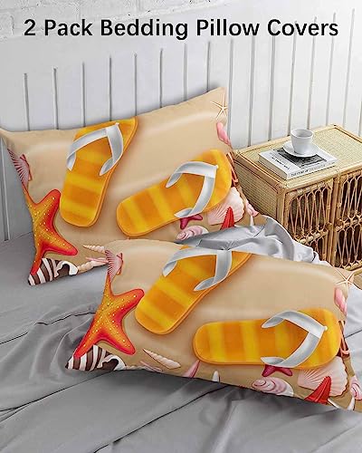 Edwiinsa Summer Beach Pillow Covers King Standard Set of 2 20x36 Bed Pillow, Tropical Ocean Conch Starfish Orange Slippers Plush Soft Comfort for Hair/Skin Cooling Pillowcases with Envelop Closure