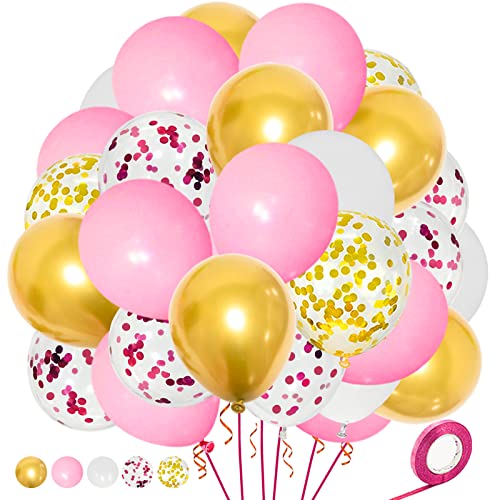 Pink White Gold Latex Balloons Kit 12 Inch, Pink Gold Confetti Balloons Party Decoration Supplies for Girl‘s Birthday Baby Shower valentines day.51pcs…