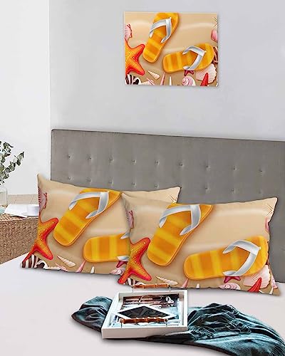 Edwiinsa Summer Beach Pillow Covers King Standard Set of 2 20x36 Bed Pillow, Tropical Ocean Conch Starfish Orange Slippers Plush Soft Comfort for Hair/Skin Cooling Pillowcases with Envelop Closure