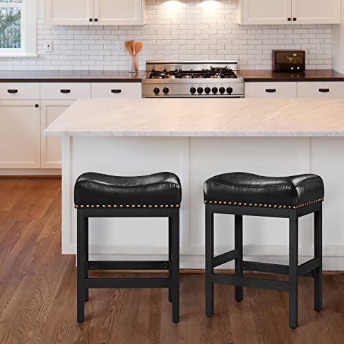 Yaheetech 26" Bar Stools Set of 2 Counter Height Bar Stools Leather Saddle Stool Kitchen Stools for Island Modern Backless Faux Leather Counter Stool, Black