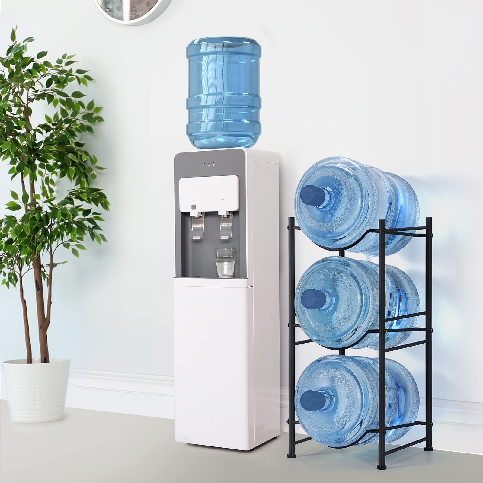 smusei 5 Gallon Water Bottle Jug Holder 3 Tier Heavy Duty Cooler Jug Storage Rack Detachable Bottle Organizer Shelf for Home Kitchen Office Space Save, Black