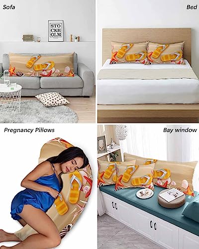 Edwiinsa Summer Beach Pillow Covers King Standard Set of 2 20x36 Bed Pillow, Tropical Ocean Conch Starfish Orange Slippers Plush Soft Comfort for Hair/Skin Cooling Pillowcases with Envelop Closure