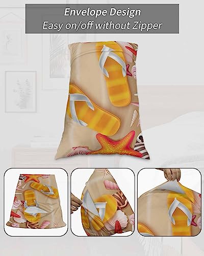 Edwiinsa Summer Beach Pillow Covers King Standard Set of 2 20x36 Bed Pillow, Tropical Ocean Conch Starfish Orange Slippers Plush Soft Comfort for Hair/Skin Cooling Pillowcases with Envelop Closure