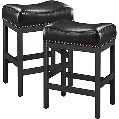 Yaheetech 26" Bar Stools Set of 2 Counter Height Bar Stools Leather Saddle Stool Kitchen Stools for Island Modern Backless Faux Leather Counter Stool, Black
