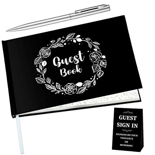 Zonon Funeral Guest Book, Black Guest Book with Pen and Table Sign, 50 Page Memorial Service Guest Book, Guestbook in Loving Memory for Wedding Funeral Memorial Bridal Shower, 9 x 6 Inch