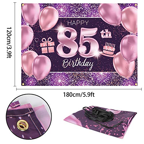 PAKBOOM Happy 85th Birthday Banner Backdrop - 85 Birthday Party Decorations Supplies for Women - Pink Purple Gold 4 x 6ft
