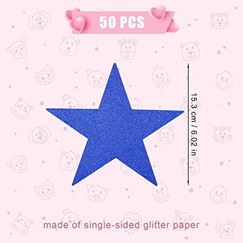 50pcs Glitter Star Cutouts, 6inch Twinkle Star Glitter Paper Confetti Star Shape Paper Cut Outs for Bulletin Board Classroom Wall Party Supplies (Blue)
