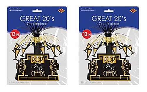 Beistle 2 Piece Roaring 20' Table Centerpiece Decoration 1920’s Champagne Pop Gatsby Theme Party Supplies, 13", Black/Gold/White