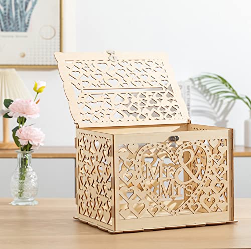 Yukawang Wedding Card Box with Lock Wooden Memory Keepsake Decoration Envelope Boxes for Cards and Money Baby Shower Engagement Decor Gift Card Box ( MR & MRS Heart Beige)