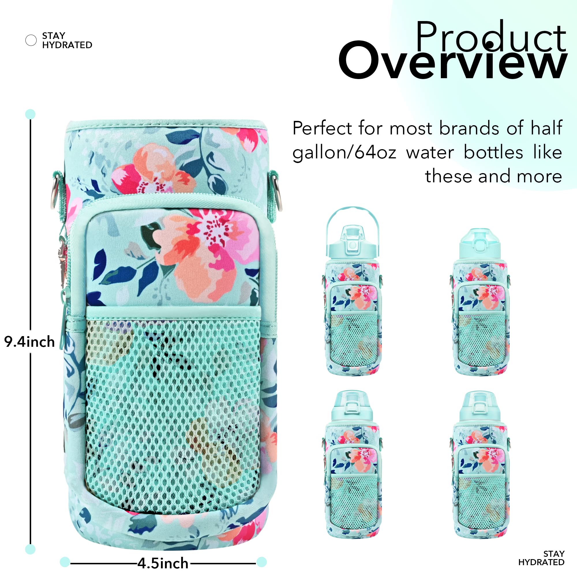Half Gallon Water Bottle Carrier Bag, Bottle Pouch Phone Holder, Adjustable Shoulder Hand Strap 2 Pocket Sling Neoprene Sleeve Sports Water Bottle Accessories for Hiking Travelling &Camping