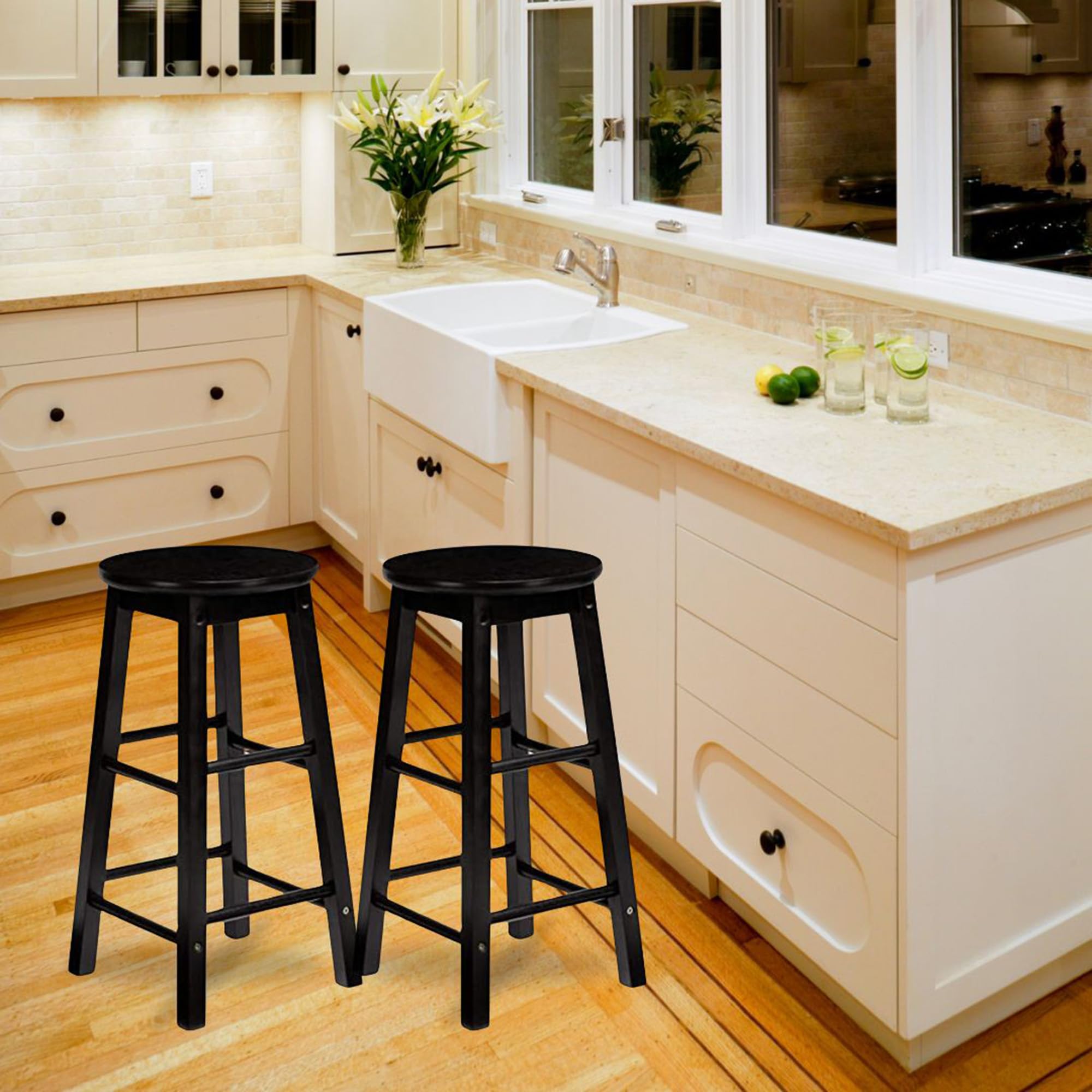 PJ Wood Classic Round Seat 29 Inch Tall Kitchen Counter Bar Stools with 4 Square Legs for Homes, Dining Spaces, and Bars, Black (2 Pack)