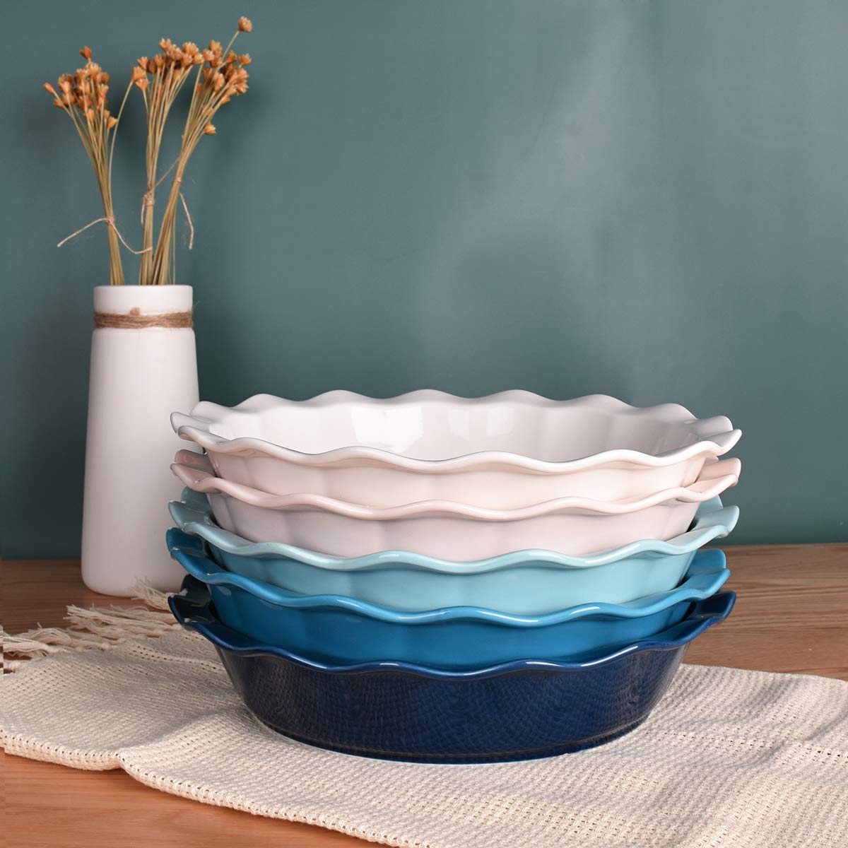 Bosmarlin Ceramic Pie Pan, 9 Inches Pie Dish, 50 oz, Pie Plate for Baking, Microwave, Oven Safe and Dishwasher safe (Pink, 9 inches)