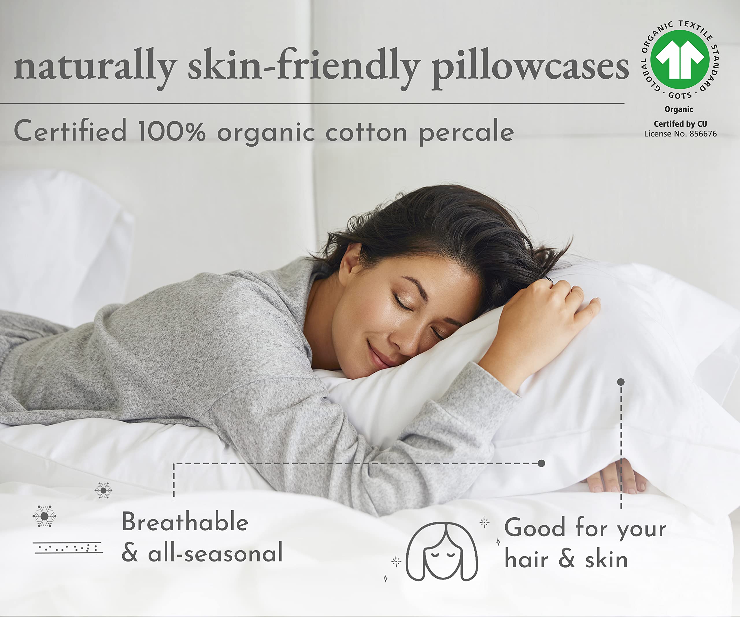 California Design Den 100% Organic Cotton Pillow Cases Standard Size/Queen Size Set of 2, Authentic GOTS Certified, Soft & Cooling, Percale Weave Cotton Pillowcases (Light Grey)