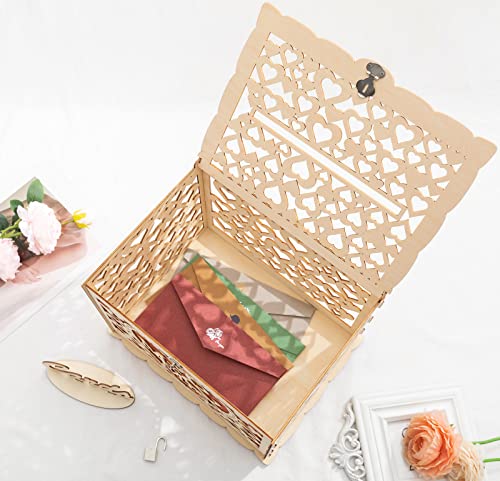 Yukawang Wedding Card Box with Lock Wooden Memory Keepsake Decoration Envelope Boxes for Cards and Money Baby Shower Engagement Decor Gift Card Box ( MR & MRS Heart Beige)