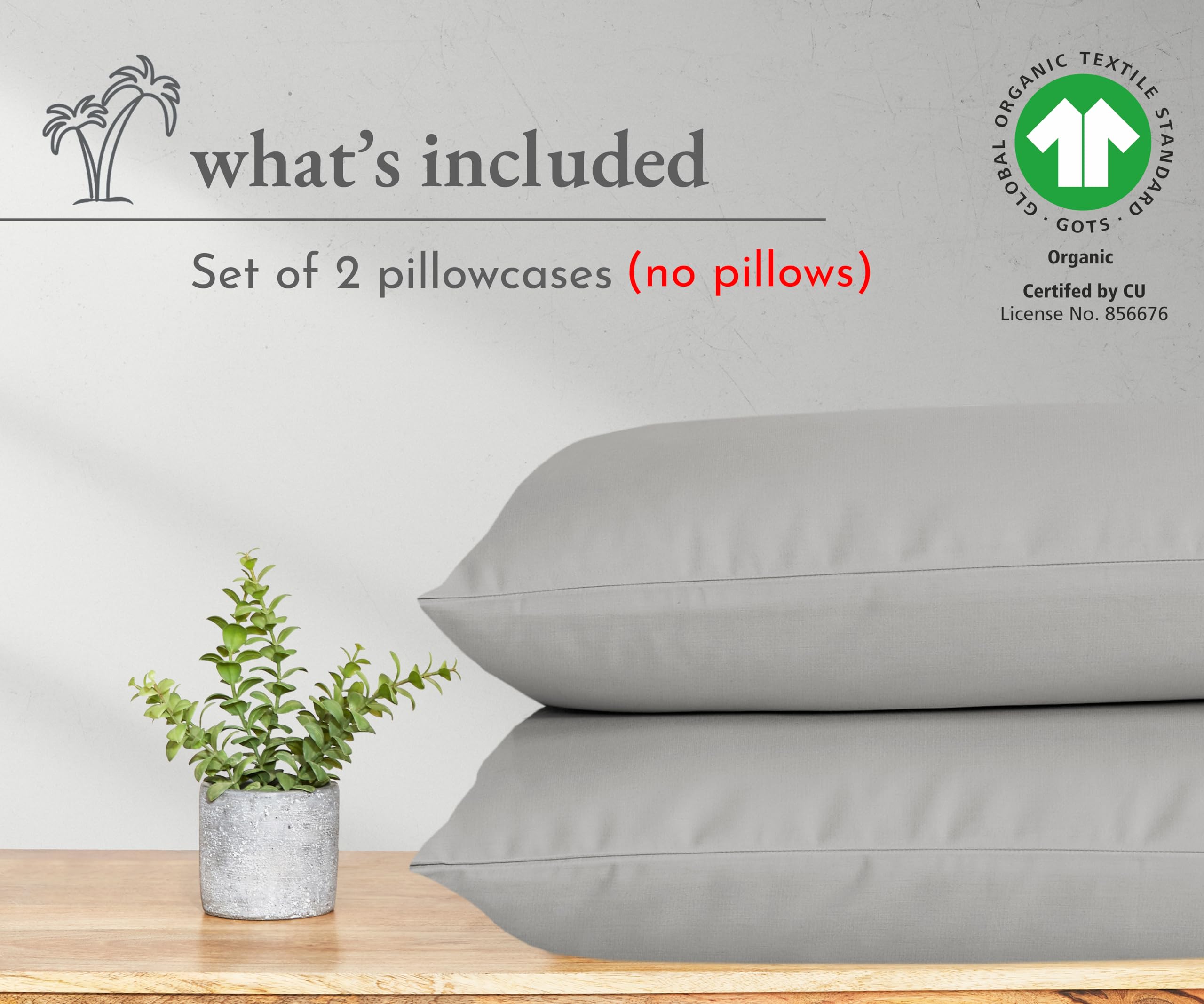 California Design Den 100% Organic Cotton Pillow Cases Standard Size/Queen Size Set of 2, Authentic GOTS Certified, Soft & Cooling, Percale Weave Cotton Pillowcases (Light Grey)