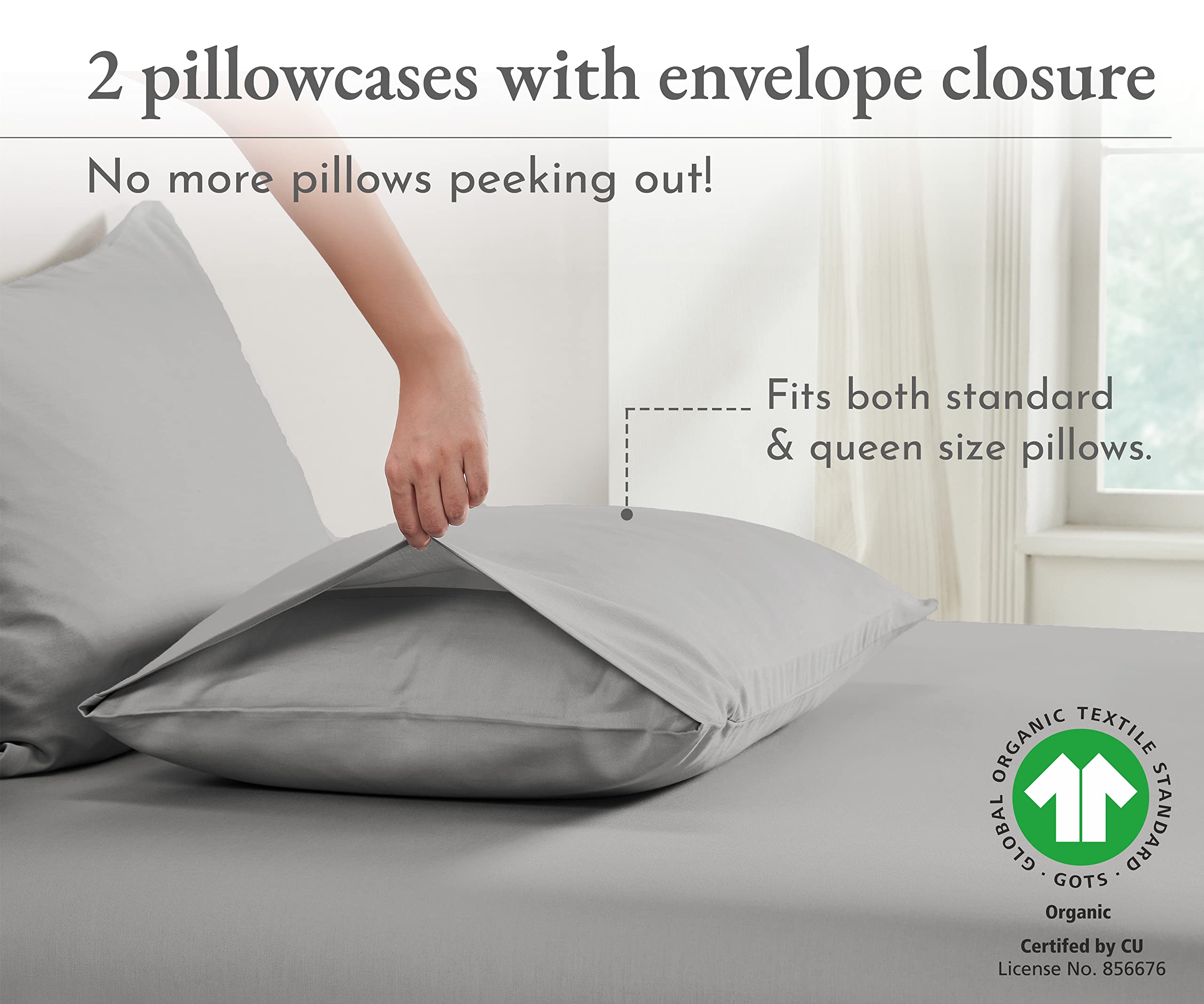 California Design Den 100% Organic Cotton Pillow Cases Standard Size/Queen Size Set of 2, Authentic GOTS Certified, Soft & Cooling, Percale Weave Cotton Pillowcases (Light Grey)
