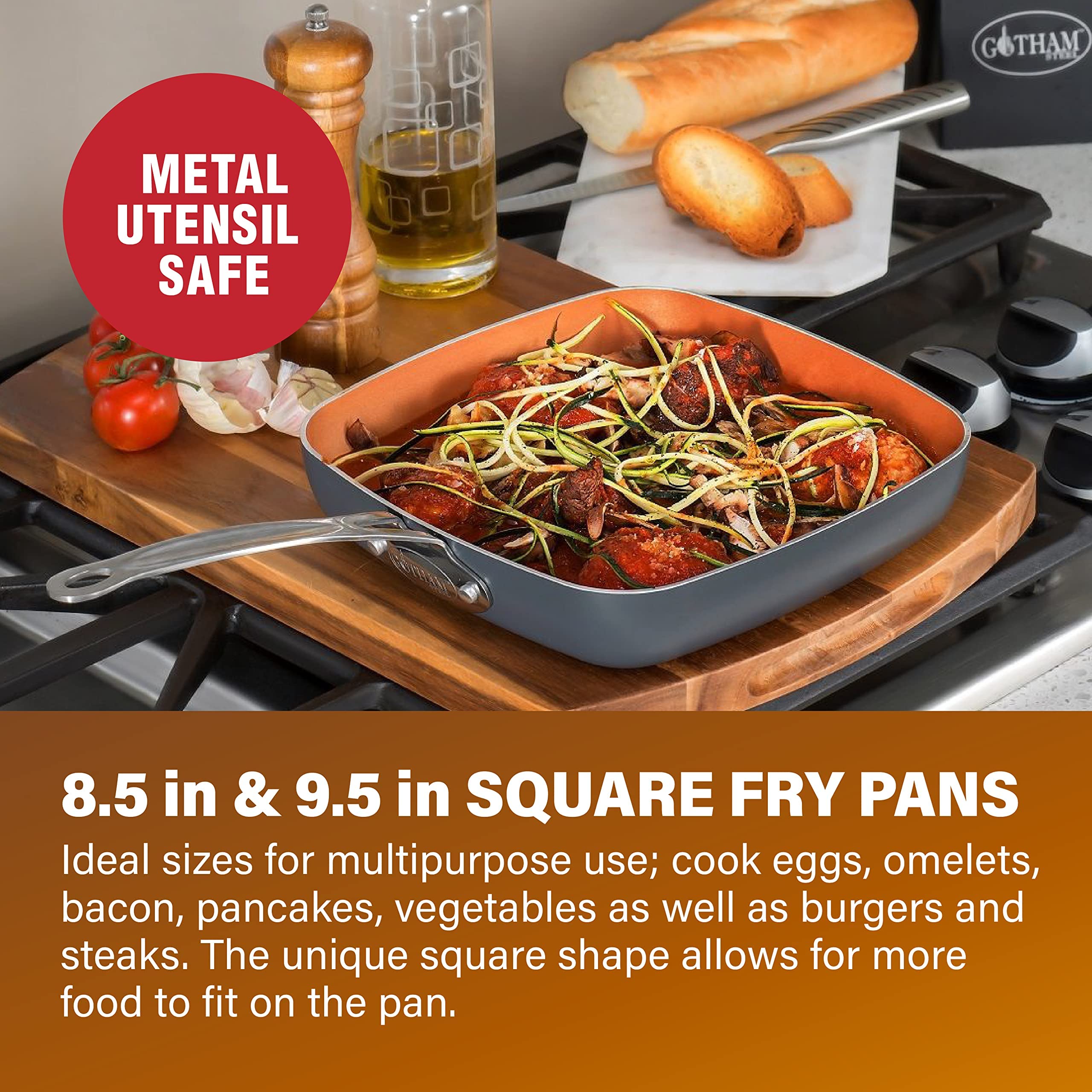 GOTHAM STEEL Non Stick Frying Pan, 8.5" 9.5” Square Ceramic Frying Pan Nonstick Set, Nonstick Cooking Pan, Induction Frying Pan, Egg Pan, Stay Cool Handle, Dishwasher & Oven Safe, 100% Toxin Free