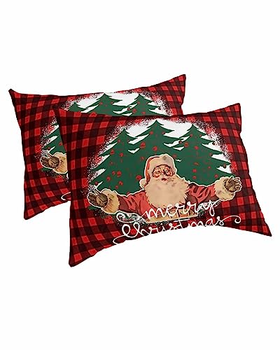 Standard Size Pillowcases Merry Christmas Pillow Case Set of 2, Soft Throw Pillow Covers with Envelope Closure Decorative Bed Pillow Shams for Bedroom Sofa Couch Santa Claus Xmas Tree Red Plaid