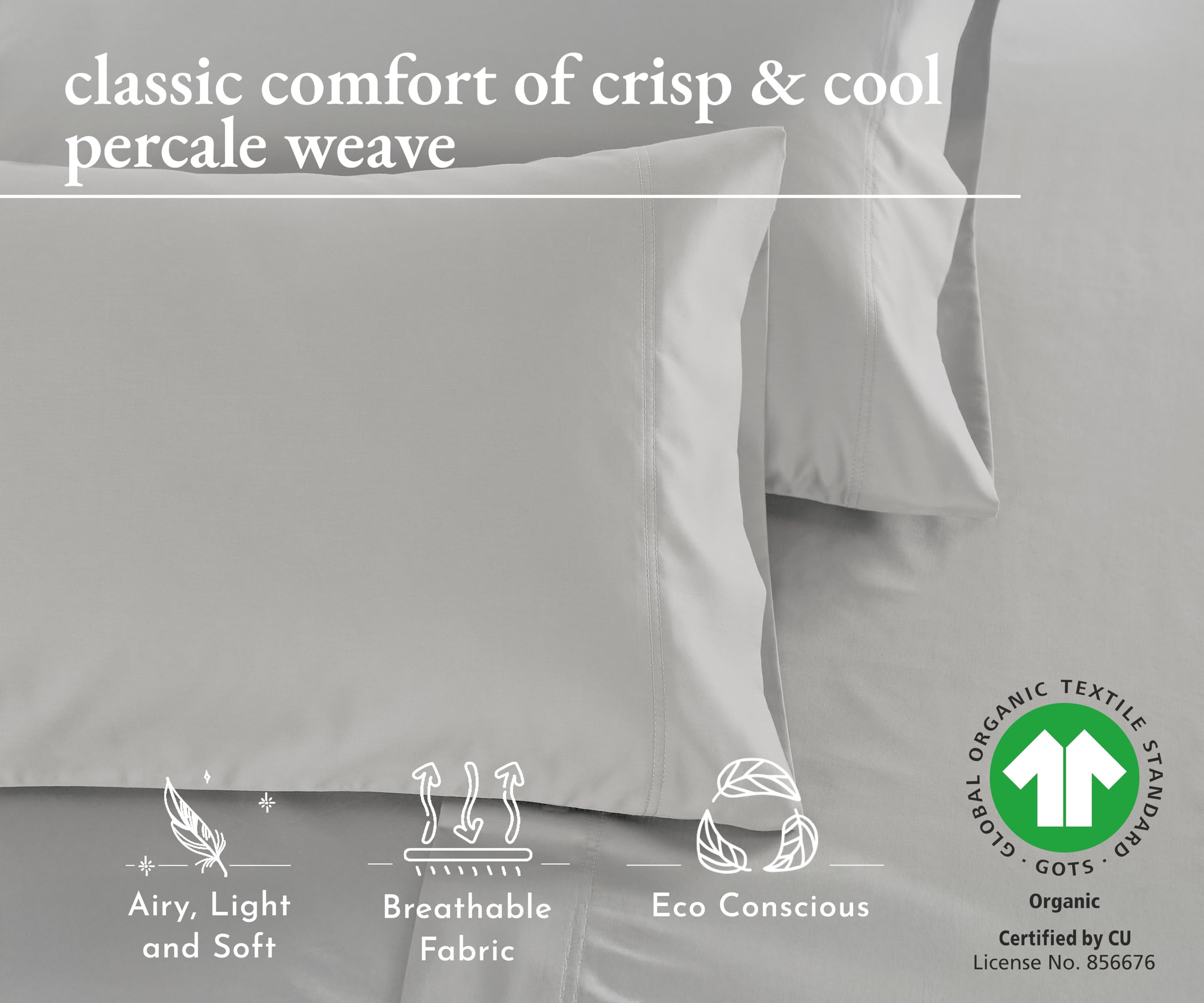 California Design Den 100% Organic Cotton Pillow Cases Standard Size/Queen Size Set of 2, Authentic GOTS Certified, Soft & Cooling, Percale Weave Cotton Pillowcases (Light Grey)