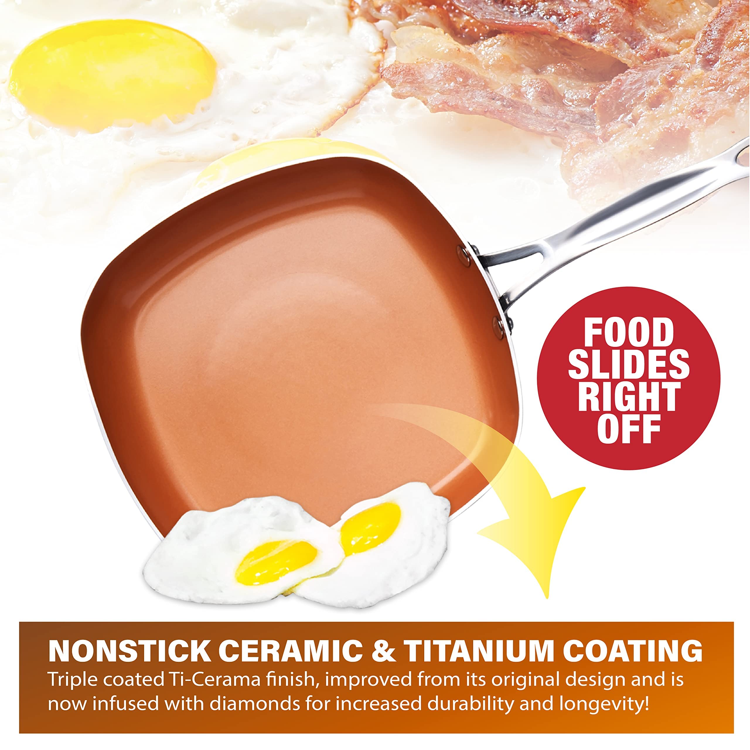 GOTHAM STEEL Non Stick Frying Pan, 8.5" 9.5” Square Ceramic Frying Pan Nonstick Set, Nonstick Cooking Pan, Induction Frying Pan, Egg Pan, Stay Cool Handle, Dishwasher & Oven Safe, 100% Toxin Free
