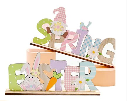 Easter Tabletop Decorations Signs, Easter Wooden Table Bunny Gnome Easter Decor Party Scene Decorative Props Easter Gifts Easter Decorations for The Home 2-Pack (Group 1)