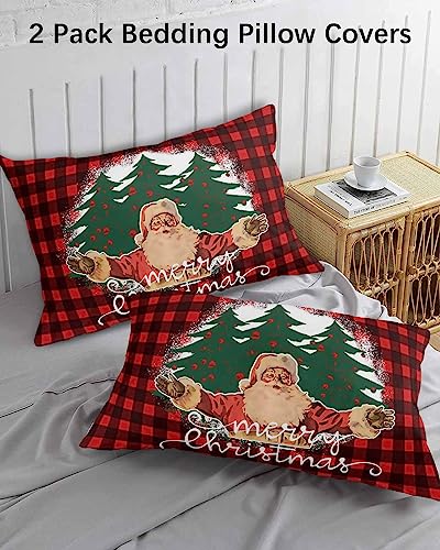 Standard Size Pillowcases Merry Christmas Pillow Case Set of 2, Soft Throw Pillow Covers with Envelope Closure Decorative Bed Pillow Shams for Bedroom Sofa Couch Santa Claus Xmas Tree Red Plaid