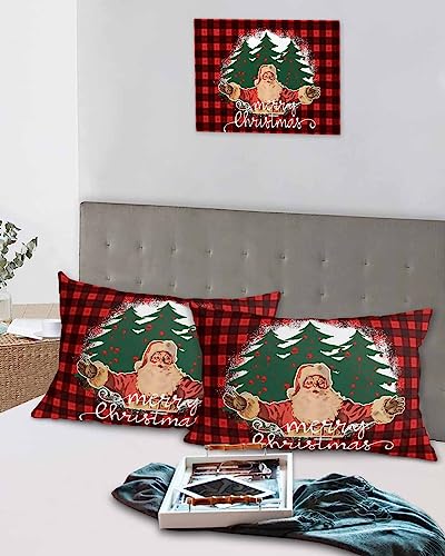 Standard Size Pillowcases Merry Christmas Pillow Case Set of 2, Soft Throw Pillow Covers with Envelope Closure Decorative Bed Pillow Shams for Bedroom Sofa Couch Santa Claus Xmas Tree Red Plaid