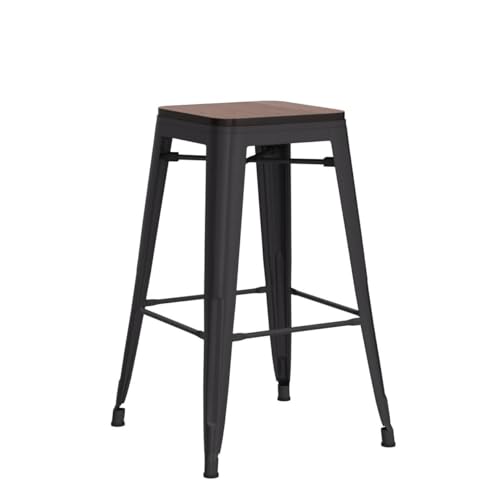 Alunaune 24" Metal Bar Stools Set of 4 Stackable Counter Height Barstools Backless Industrial Kitchen Bar Chairs with Wooden Seat-Matte Black