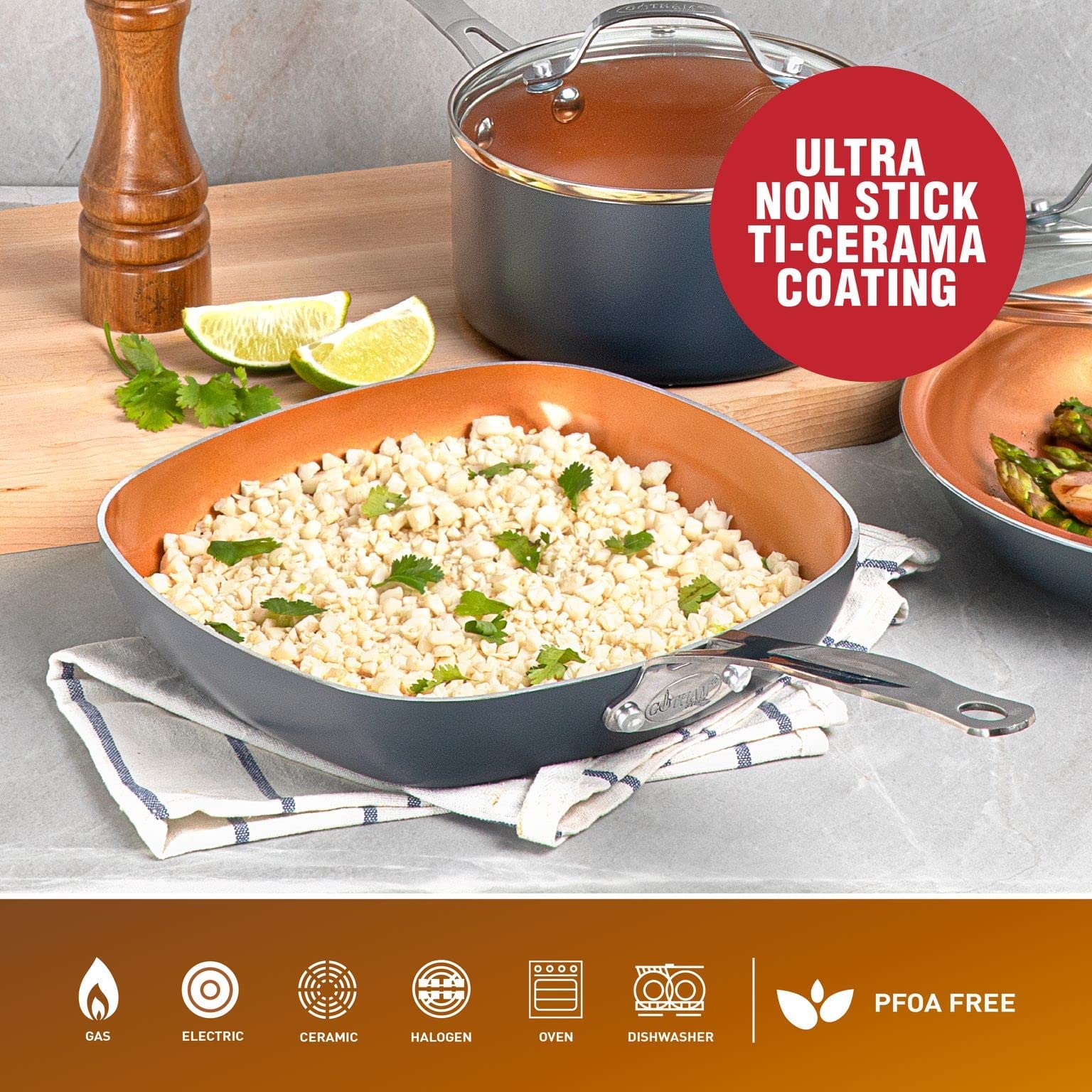 GOTHAM STEEL Non Stick Frying Pan, 8.5" 9.5” Square Ceramic Frying Pan Nonstick Set, Nonstick Cooking Pan, Induction Frying Pan, Egg Pan, Stay Cool Handle, Dishwasher & Oven Safe, 100% Toxin Free