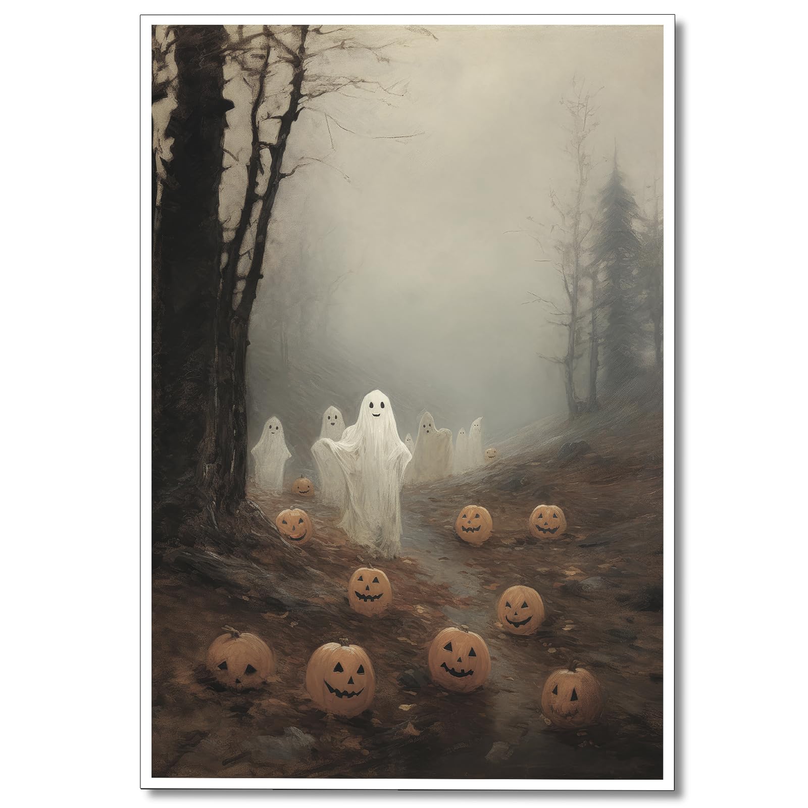 ogyormpi Vintage Halloween Canvas Wall Art, Cute Ghosts In Haunted Forest Poster, Funny Spooky Lighted Pumpkin Print Decorations, Dark Academia Halloween Pictures Wall Decor 12x16in Unframed