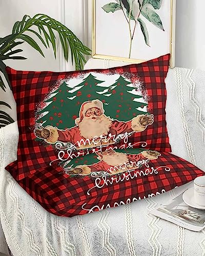Standard Size Pillowcases Merry Christmas Pillow Case Set of 2, Soft Throw Pillow Covers with Envelope Closure Decorative Bed Pillow Shams for Bedroom Sofa Couch Santa Claus Xmas Tree Red Plaid
