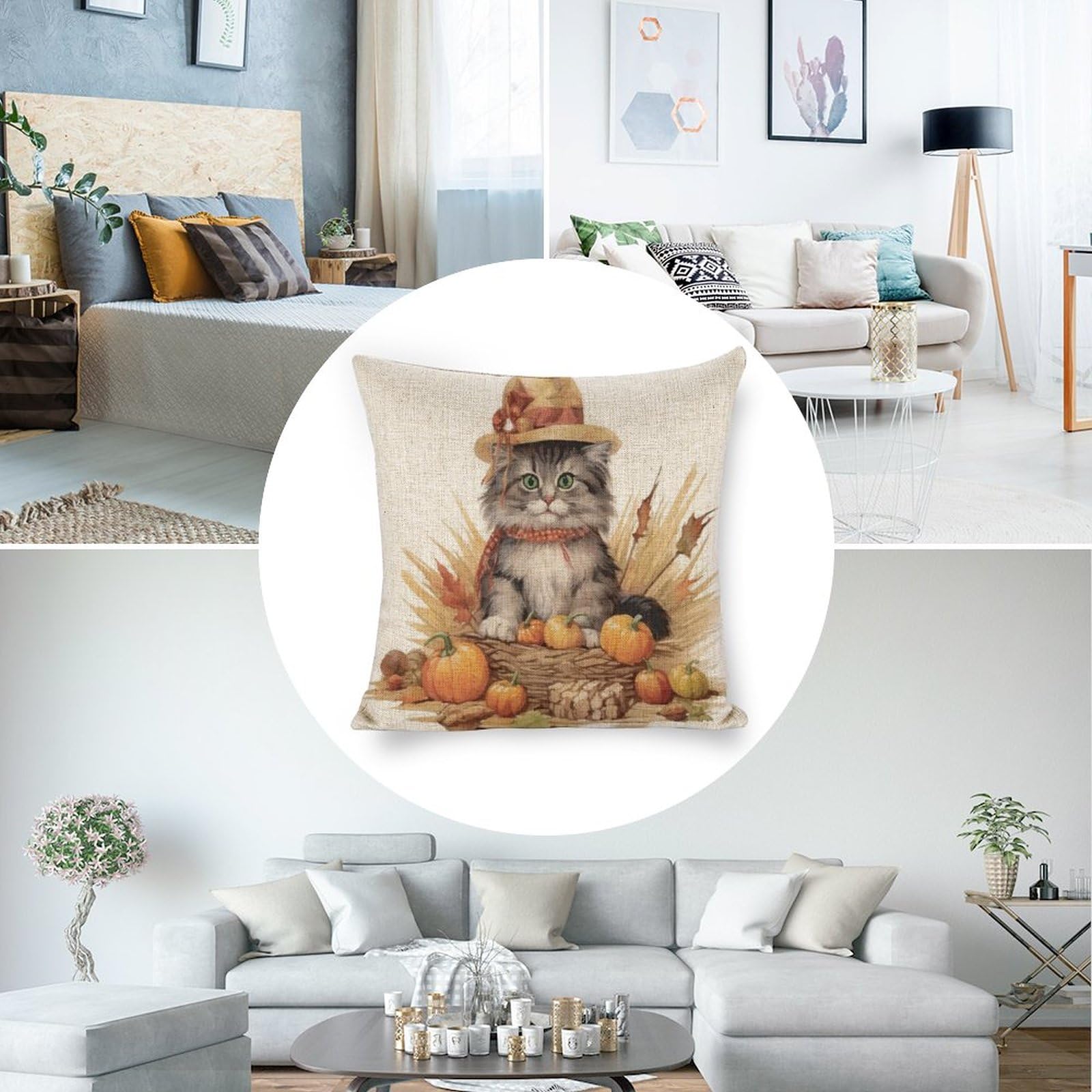Cute Cat Autumn Pumpkin Throw Pillow Covers 18×18 Pillowcases Set of 1 Thanksgiving Day Linen Decorative Square Pillow Case Cushion Covers Standard Size for Sofa Couch Outdoor Bed Pillow Protectors