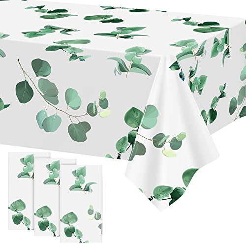 Aneco 3 Pack Eucalyptus Leaf Tablecloth Disposable Green Leaves Eucalyptus Table Cover Plant Green Plastic Tablecloth for Home Birthday Wedding Party Supplies Table Decoration, 54 x 108 Inch