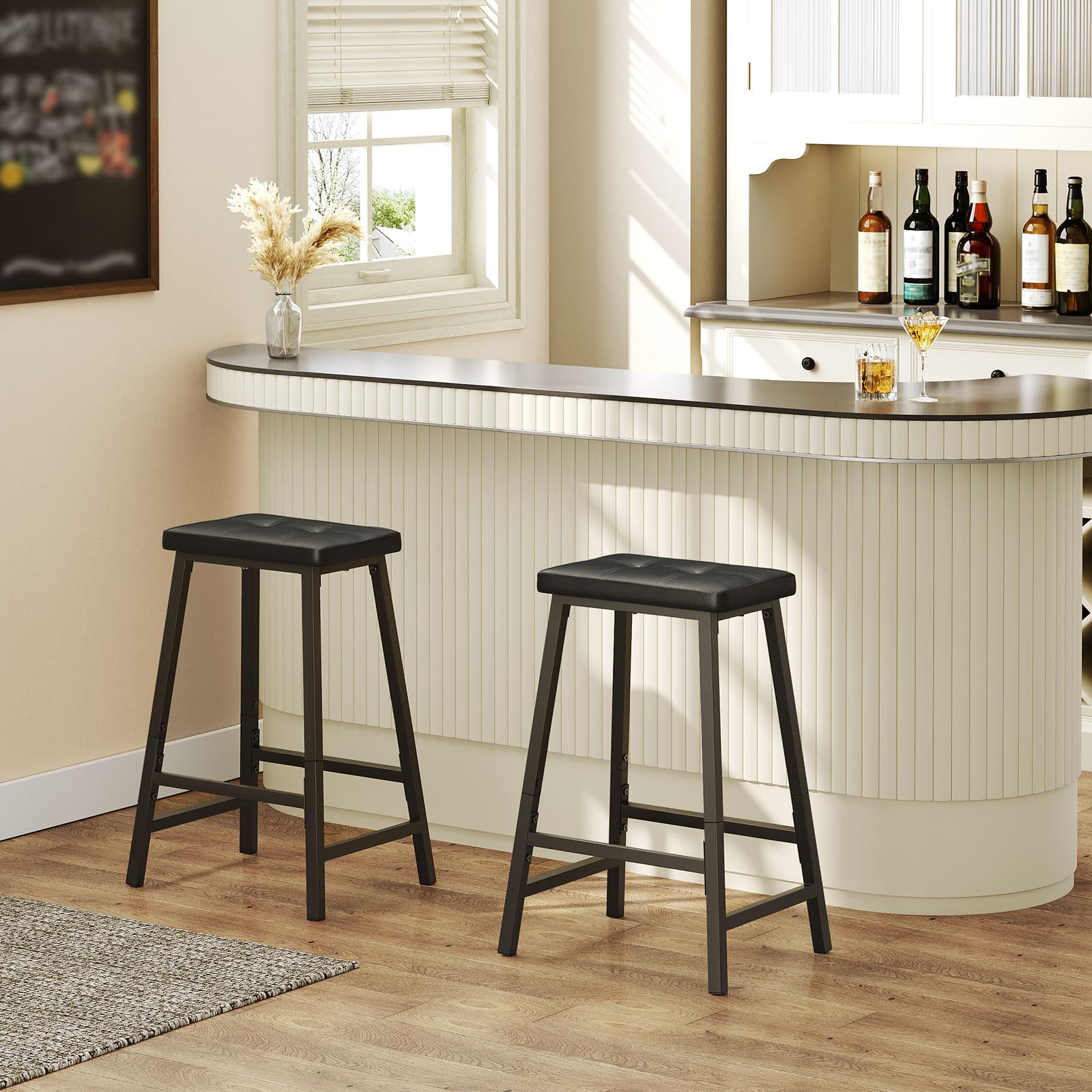 MAHANCRIS Bar Stools, Set of 2 PU Upholstered BarStools, 23.6-Inches Bar Chairs, Counter Height Bar Stools for Kitchen, Dining Room, Bar, Easy Assembly, Black BAHB04R01