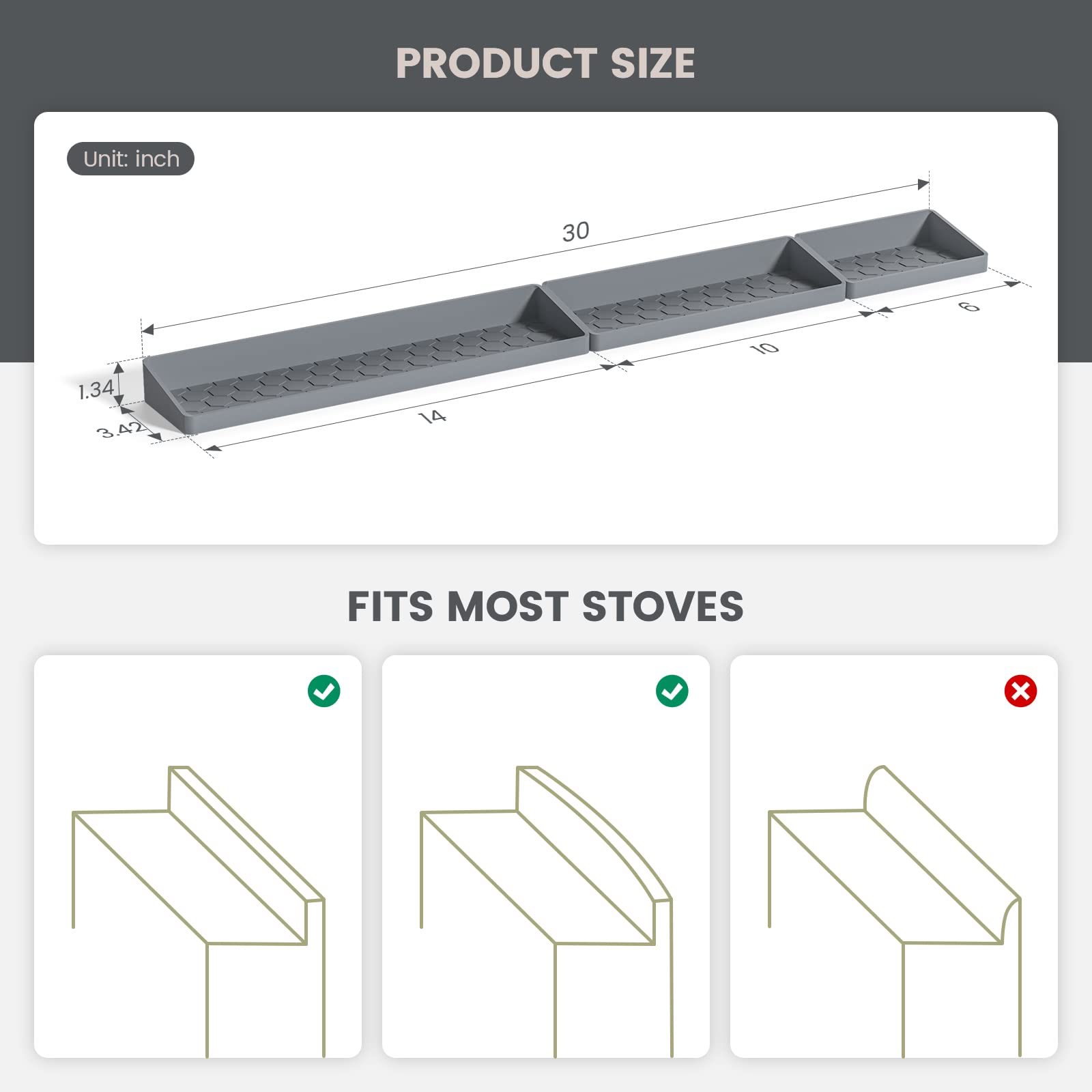 Silicone Magnetic Stove Top Shelf 30", Magnetic Shelf for Kitchen Stove Easy to Install, Stove Magnetic Shelf for Kitchen Stove,Over the Stove Top Shelf with 3 Functional Partitions -DARK GRAY
