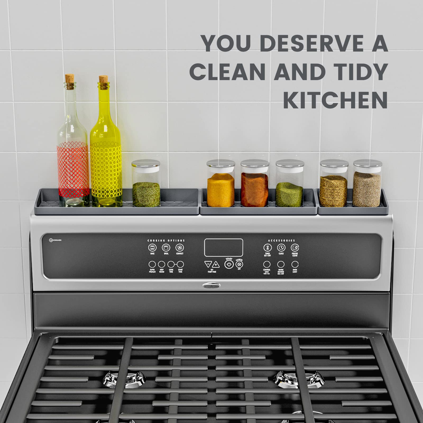 Silicone Magnetic Stove Top Shelf 30", Magnetic Shelf for Kitchen Stove Easy to Install, Stove Magnetic Shelf for Kitchen Stove,Over the Stove Top Shelf with 3 Functional Partitions -DARK GRAY
