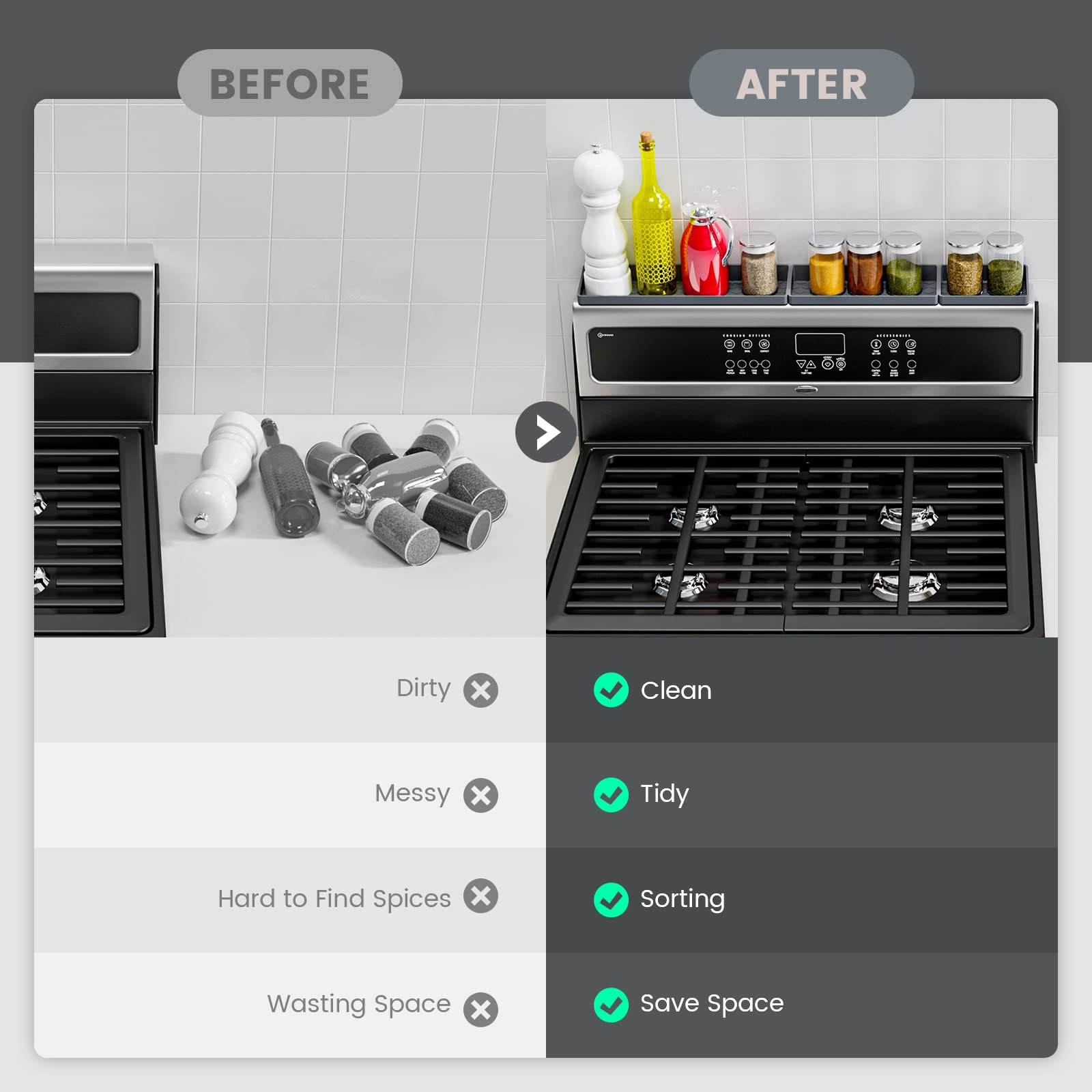 Silicone Magnetic Stove Top Shelf 30", Magnetic Shelf for Kitchen Stove Easy to Install, Stove Magnetic Shelf for Kitchen Stove,Over the Stove Top Shelf with 3 Functional Partitions -DARK GRAY