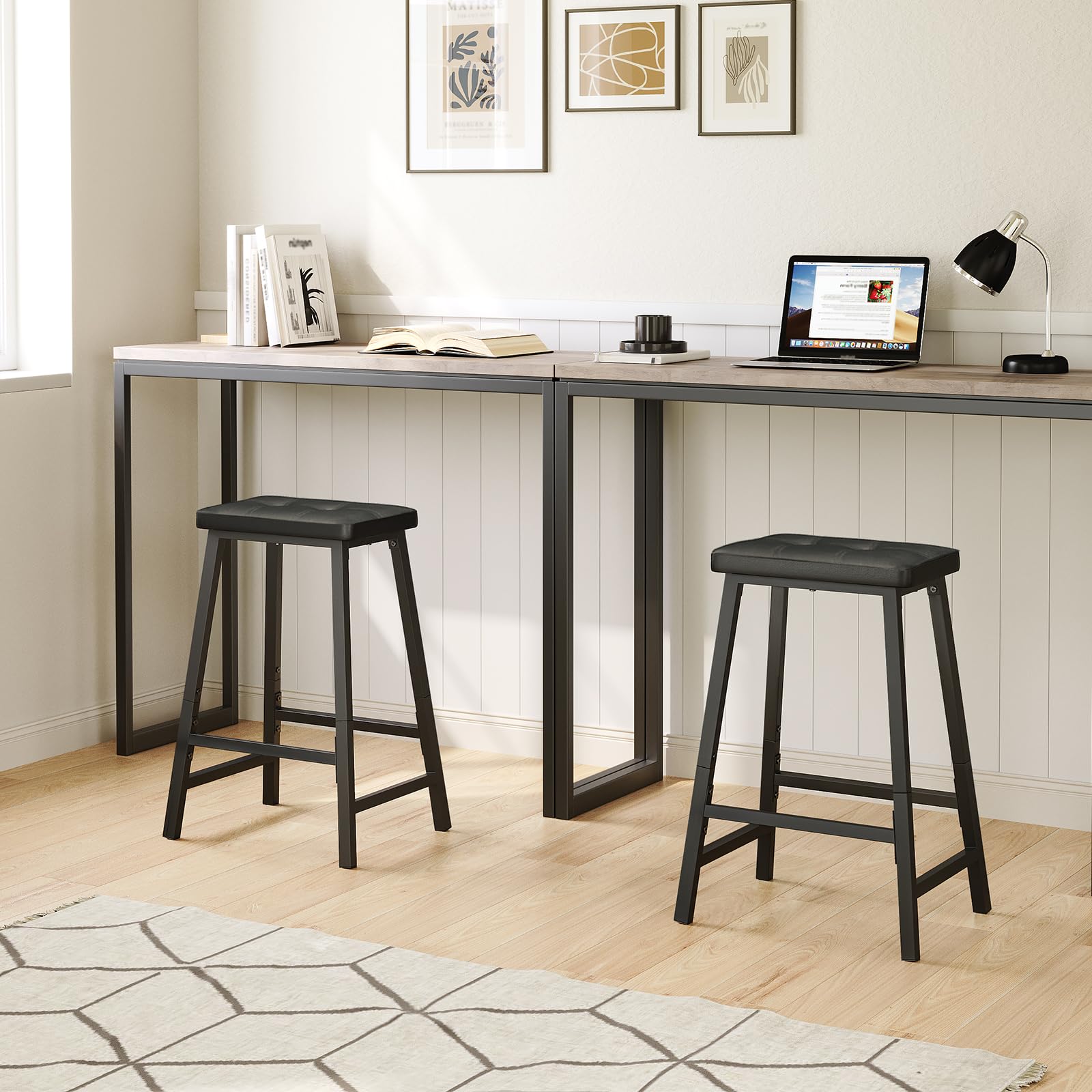 MAHANCRIS Bar Stools, Set of 2 PU Upholstered BarStools, 23.6-Inches Bar Chairs, Counter Height Bar Stools for Kitchen, Dining Room, Bar, Easy Assembly, Black BAHB04R01