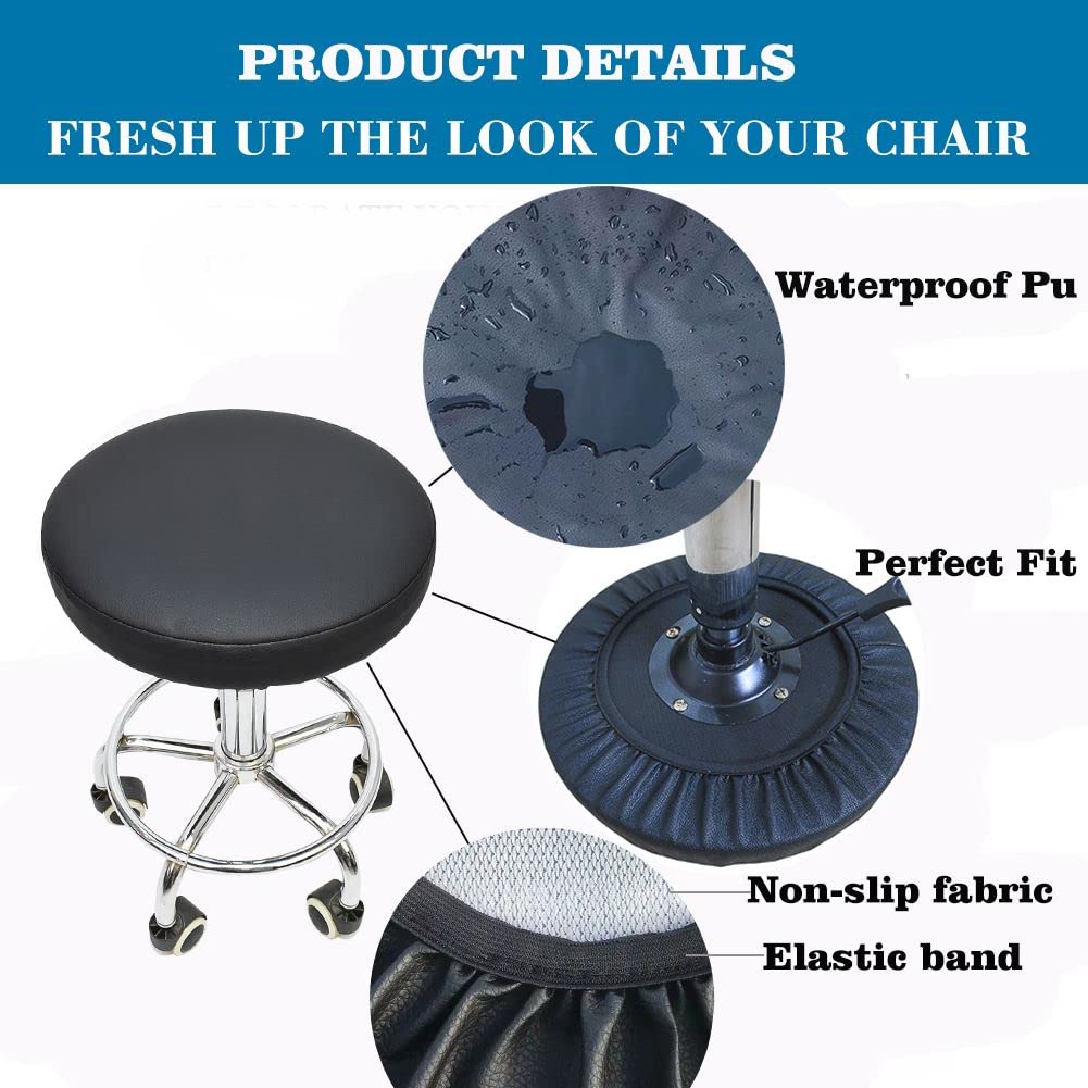 ANWUCHEN Stool Covers Round, 2 Pack Waterproof PU Leather Round Bar Stool Covers Anti-Slip Round Bar Stool Seat Cover with Elastic Bands Durable Round Chair Cover for 14-15 Inch Round Chair (Black)