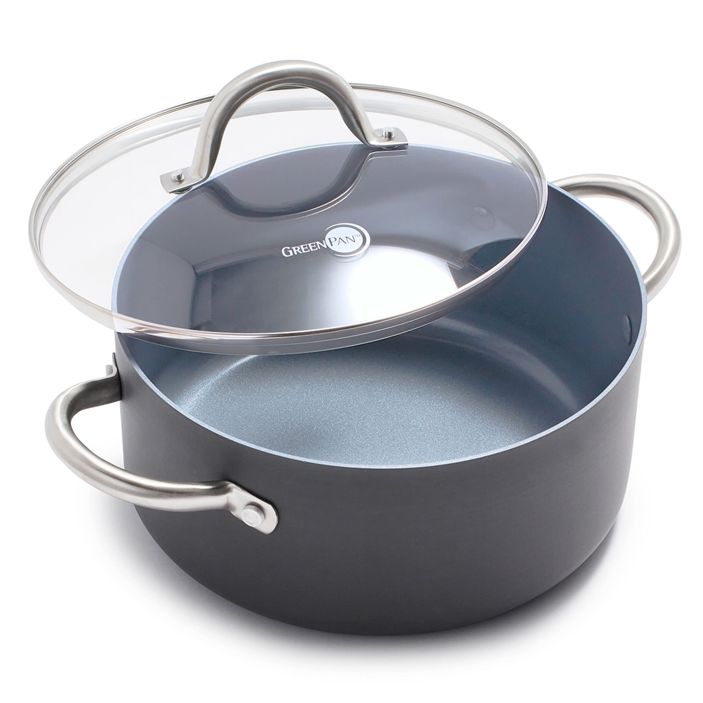 GreenPan Rio Healthy Ceramic Nonstick 8" and 10" Frying Pan Skillet Set, PFAS-Free, Dishwasher Safe & Lima Hard Anodized Healthy Ceramic Nonstick 5QT Stock Pot with Lid, PFAS-Free, Oven Safe, Gray