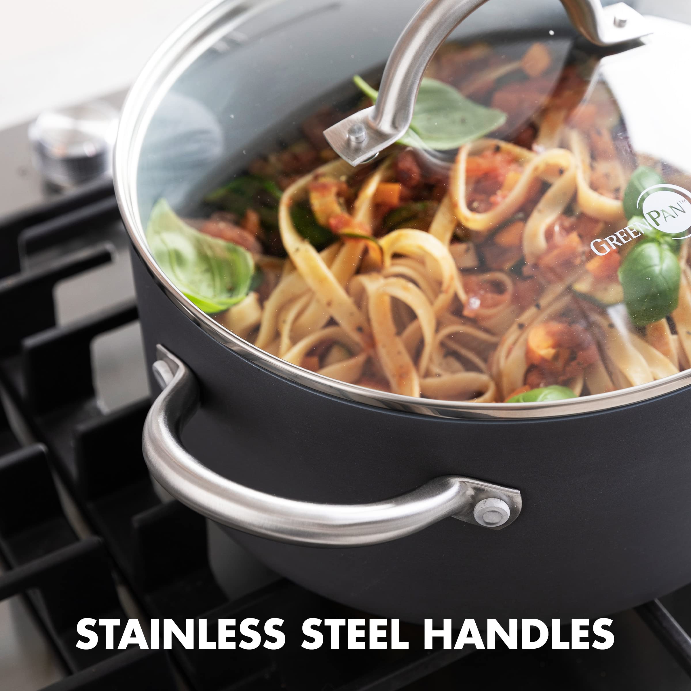 GreenPan Rio Healthy Ceramic Nonstick 8" and 10" Frying Pan Skillet Set, PFAS-Free, Dishwasher Safe & Lima Hard Anodized Healthy Ceramic Nonstick 5QT Stock Pot with Lid, PFAS-Free, Oven Safe, Gray