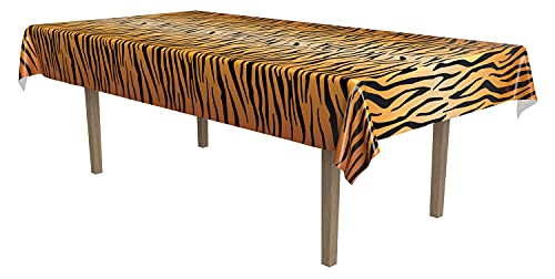 Beistle Plastic Disposable Rectangular Tiger Print Table Cover Jungle Animal Safari Theme Tablecloth Birthday Party Supplies And Tableware & Black/Orange/Yellow - 54” x 108”