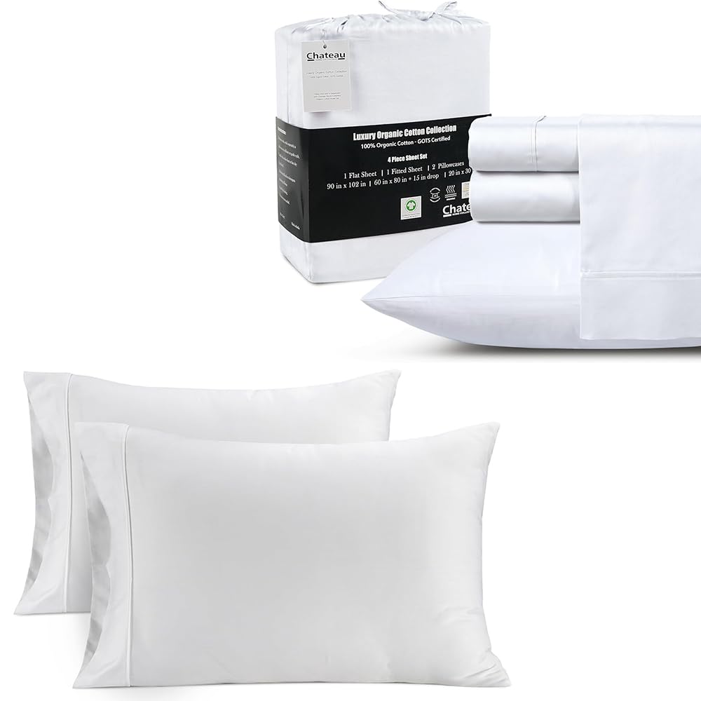 100% Organic Cotton Queen Sheet Set & Standard Pillowcases Set of 2 Combo - 300 Thread Count Long Staple Cotton Sheets,3 Pc Queen Size Sheets & Standard Pillowcases, Sateen Sheets, Breathable - White