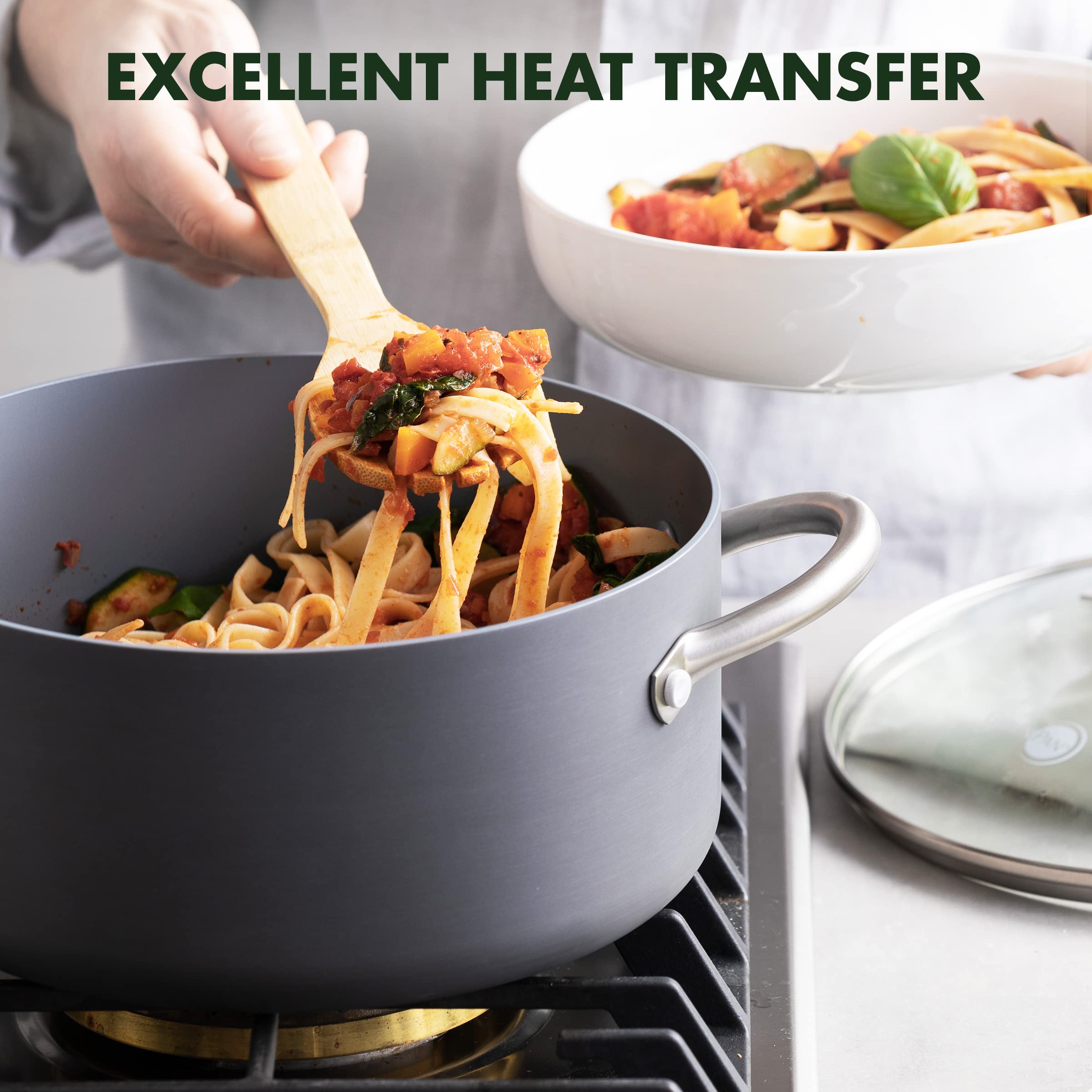GreenPan Rio Healthy Ceramic Nonstick 8" and 10" Frying Pan Skillet Set, PFAS-Free, Dishwasher Safe & Lima Hard Anodized Healthy Ceramic Nonstick 5QT Stock Pot with Lid, PFAS-Free, Oven Safe, Gray