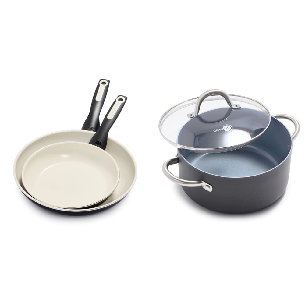 GreenPan Rio Healthy Ceramic Nonstick 8" and 10" Frying Pan Skillet Set, PFAS-Free, Dishwasher Safe & Lima Hard Anodized Healthy Ceramic Nonstick 5QT Stock Pot with Lid, PFAS-Free, Oven Safe, Gray